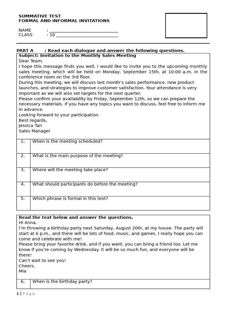 Test - Formal and Informal Invitations | PDF
