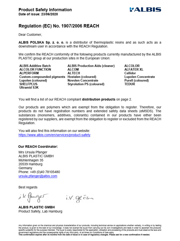 ALBIS Polska REACH Statement-e | PDF | Plastic | Polymer Chemistry