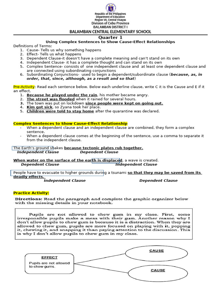Notes Activity COMPLEX Cause Effect | PDF | Clause | Syntax