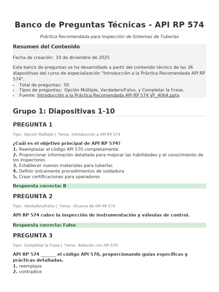 Banco de Preguntas API RP 574 | PDF | Corrosión | Tubería (transporte ...