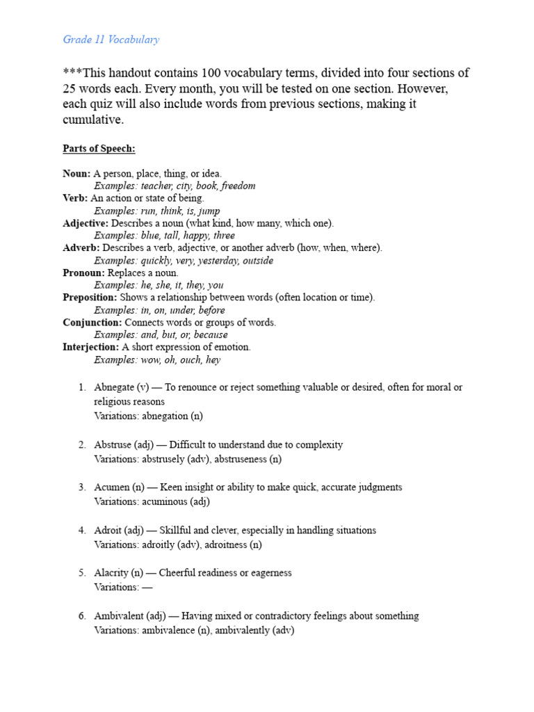 Grade 11 Vocabulary | PDF | Part Of Speech | Semantics