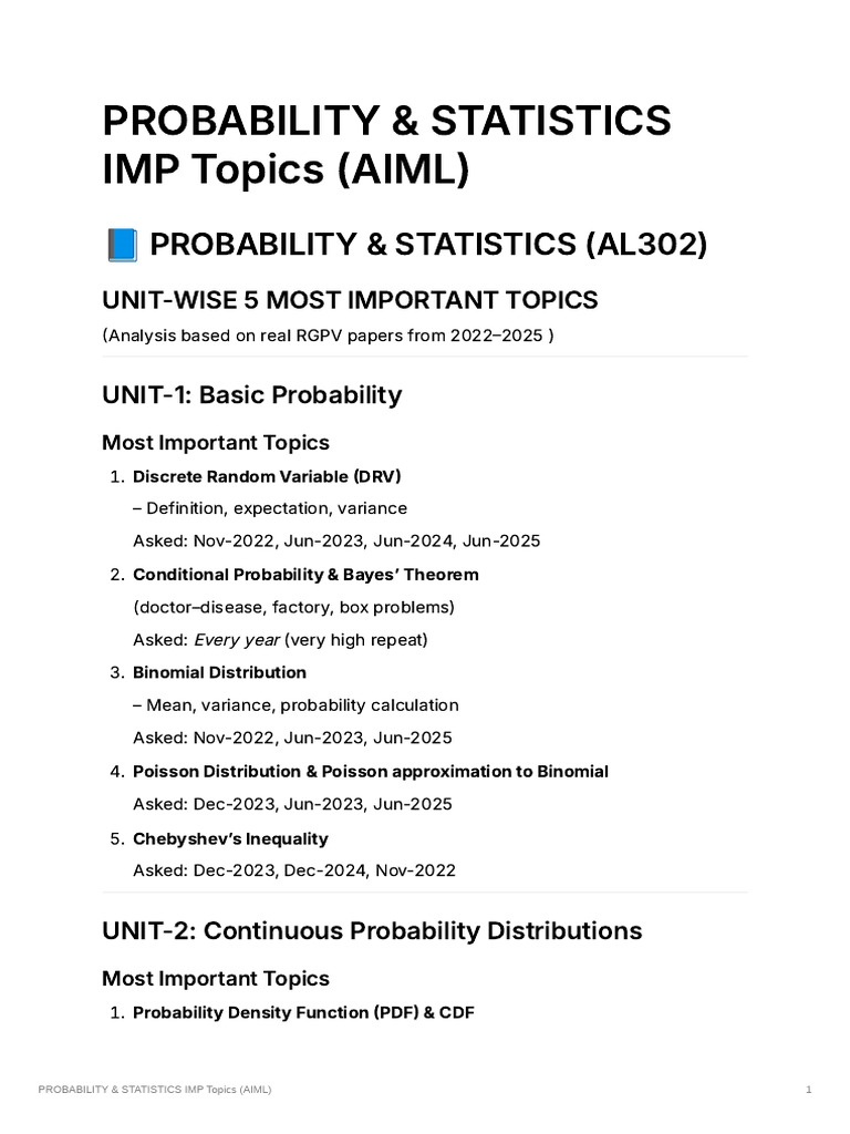 Probability Statistics Imp Topics (Aiml) | PDF | Probability ...