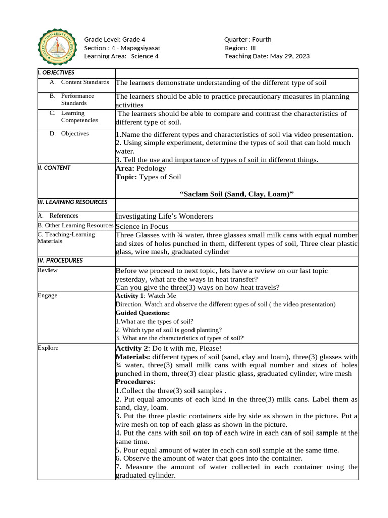 5 E's Semi Detailed Lesson Plan | PDF | Soil | Loam