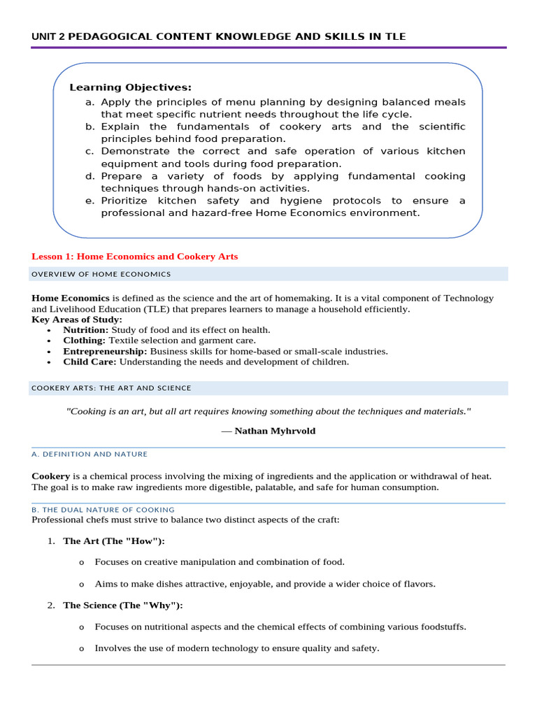 UNIT 2 Lesson 1 Home Economics and Cookery Arts | PDF | Cooking ...