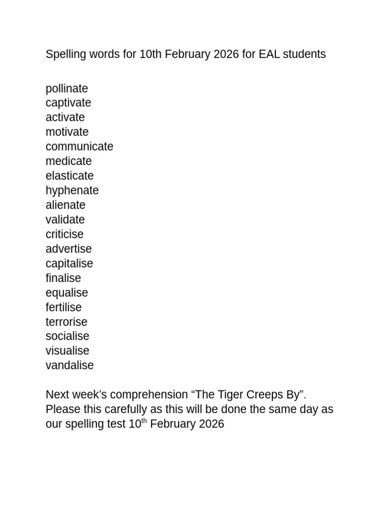 Spelling Words For 10th Feb 2026 | PDF
