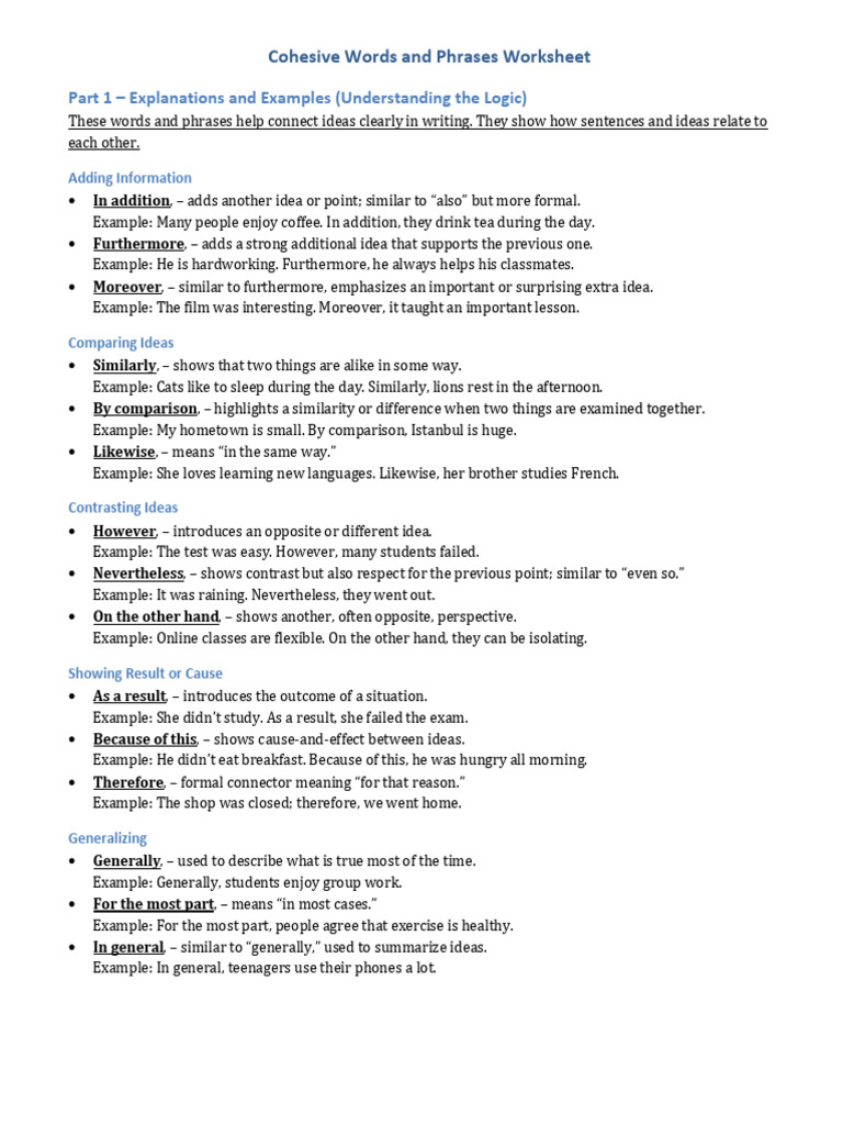 Cohesive Words and Phrases Worksheet | PDF