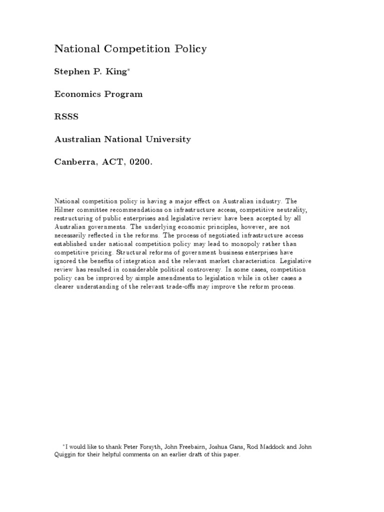 National Competition Policy: Stephen P. King Economics Program Rsss ...