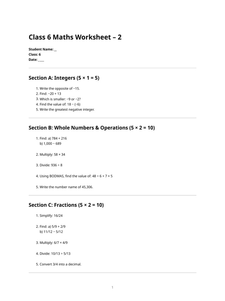 Class 6 Maths Worksheet - 2 | PDF