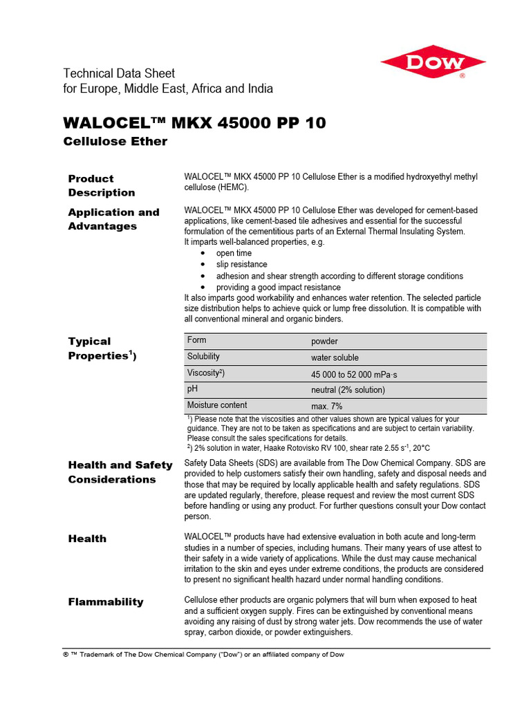 840 43701 01 Walocel MKX 45000 PP 10 Cellulose Ether Tds | PDF | Waste ...