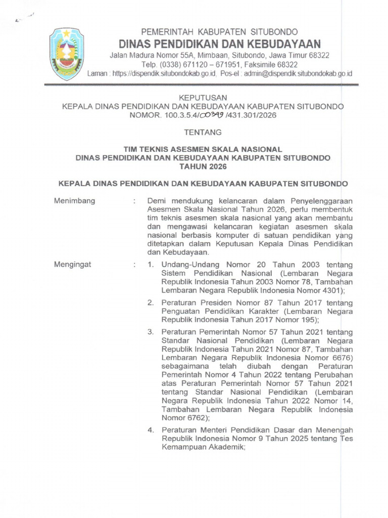 SK Tim Teknis Asesmen Skala Nasional 2026 | PDF
