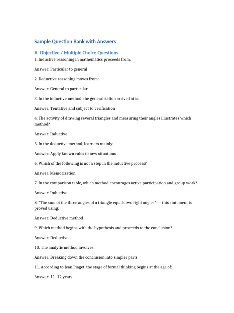 Sample Question Bank With Answers | PDF | Mathematics | Inductive Reasoning