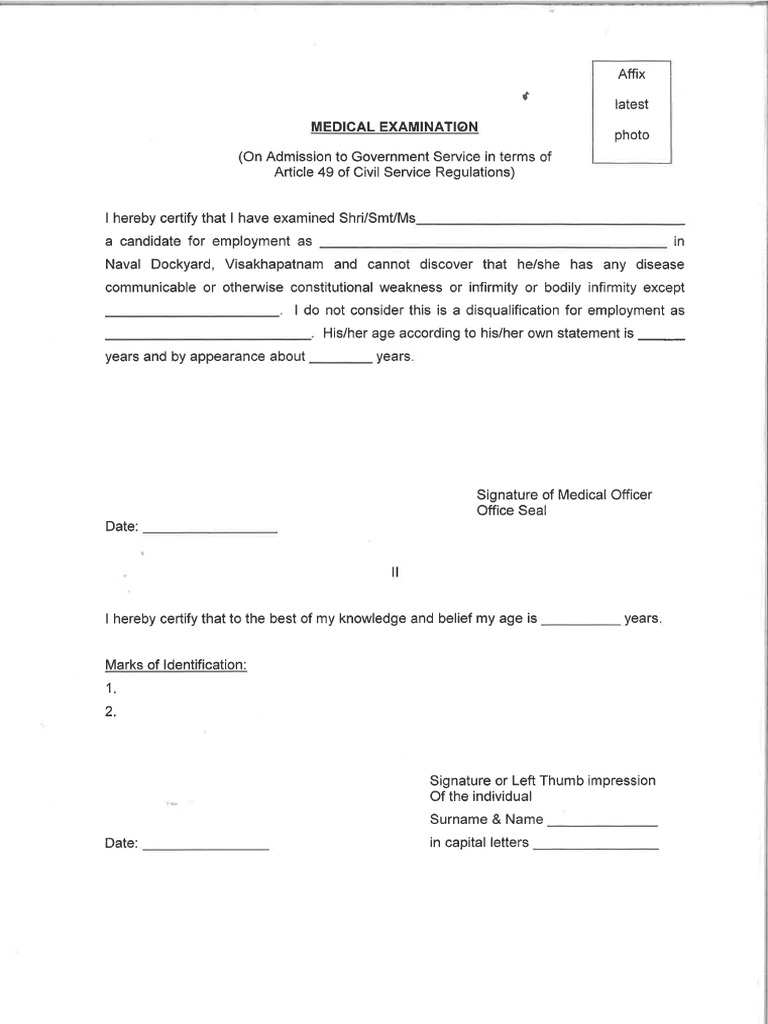 Enclosure 1 Medical Examinaiton Form 15July16 | PDF