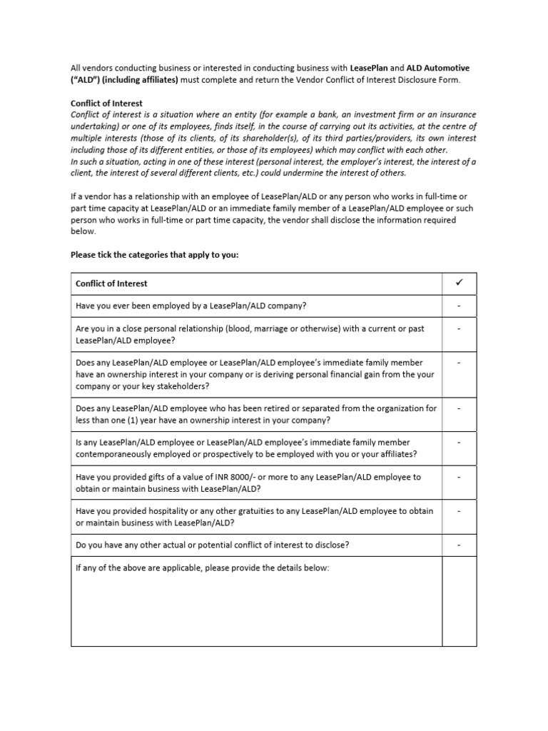 Questionnaire on Conflict of Interest by 3rd Party | PDF | Conflict Of ...