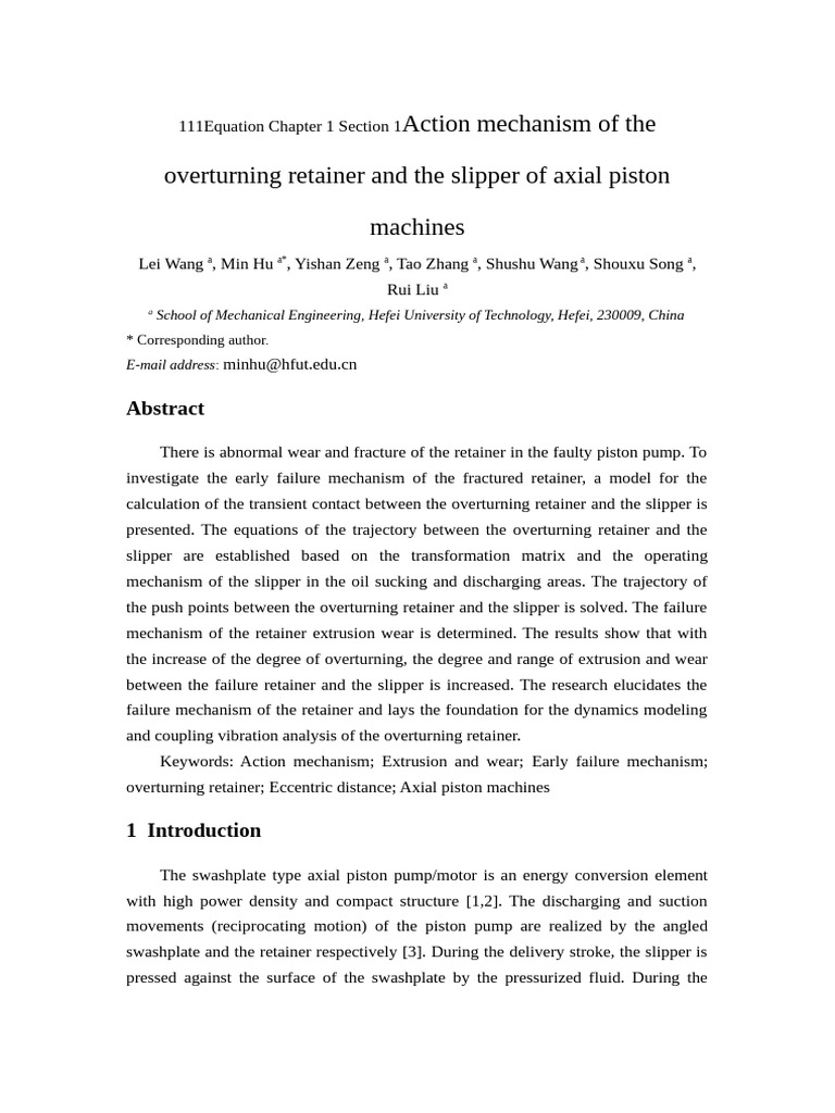 Action Mechanism of the Overturning Retainer and the Slipper of Axial ...