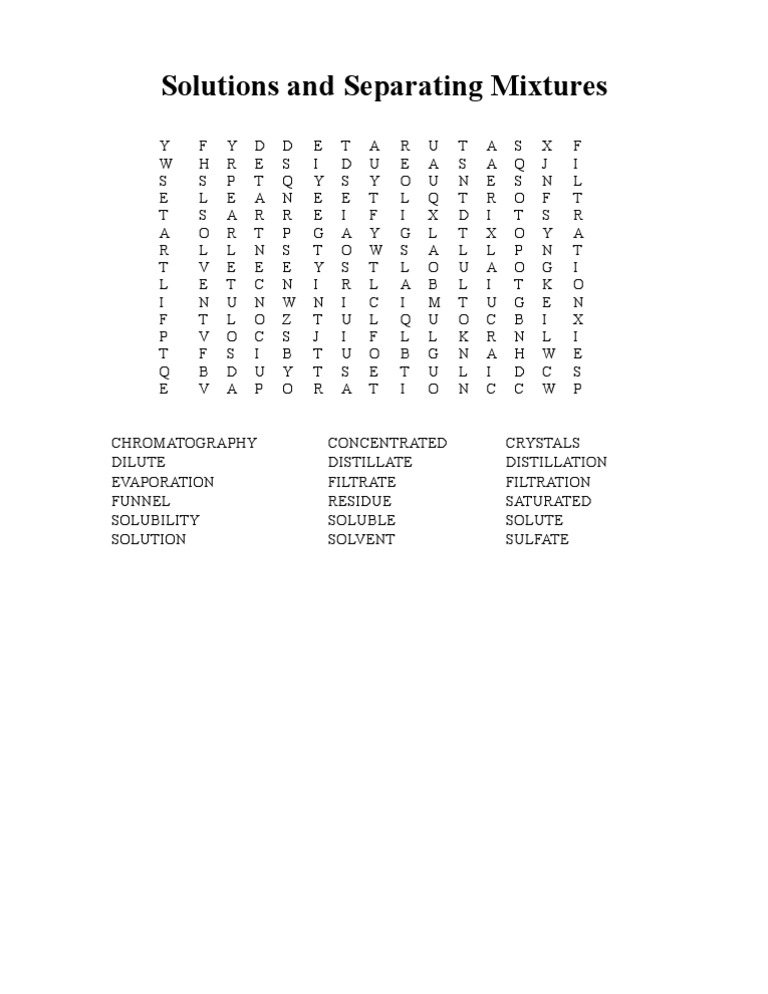 Solutions and Separating Mixtures Word Search | PDF | Solution | Solubility