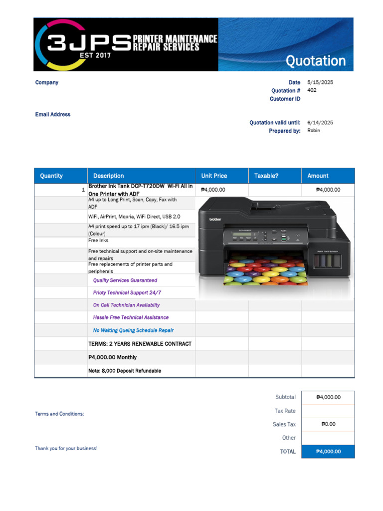 Brother T720DW - All in One Printer Rental Quotation | PDF | Printer ...