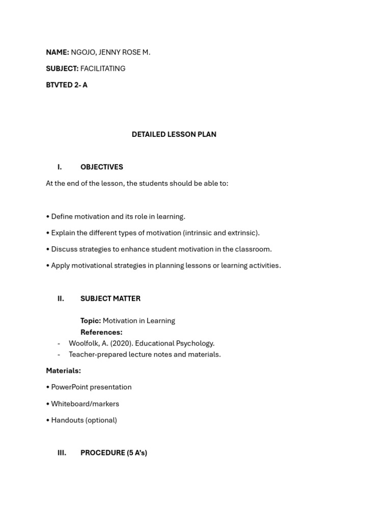 Lesson Plan | PDF | Motivation | Motivational