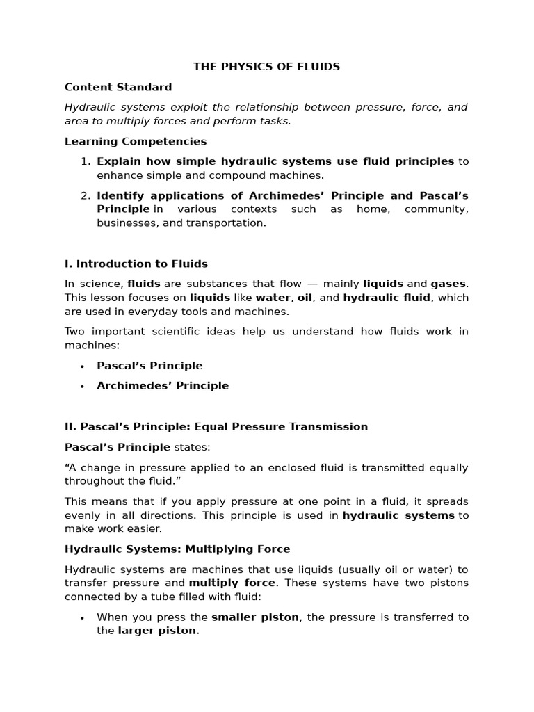 Lesson Handouts Fluids in Physics | PDF | Buoyancy | Hydraulics