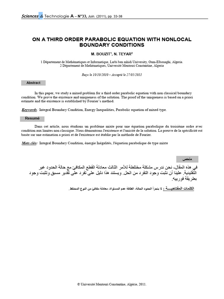 On A Third Order Parabolic Equation With Nonlocal Boundary Conditions | PDF