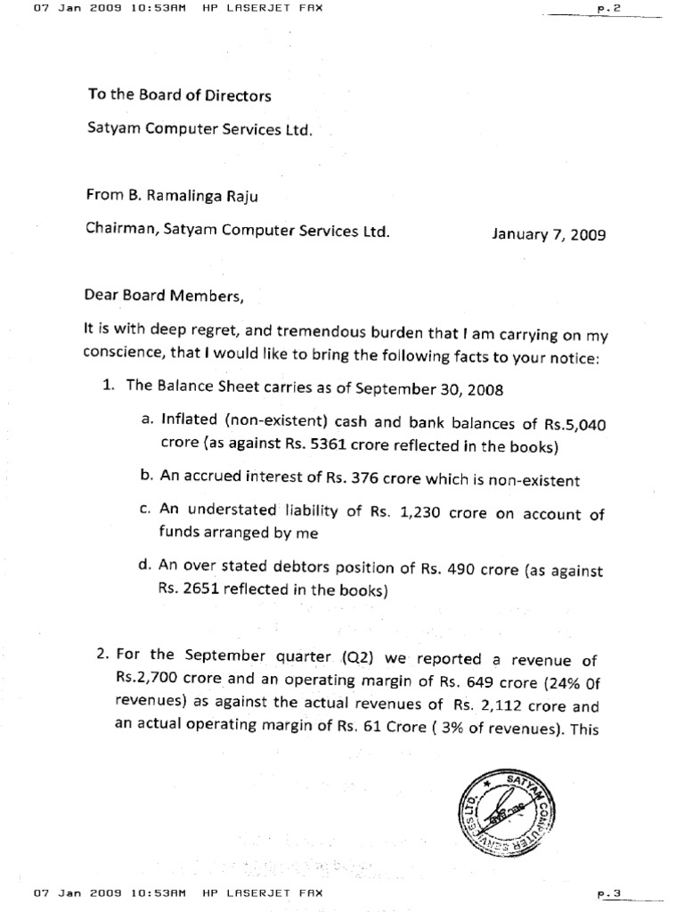 Satyam CEO - Letter To Board of Directors | PDF