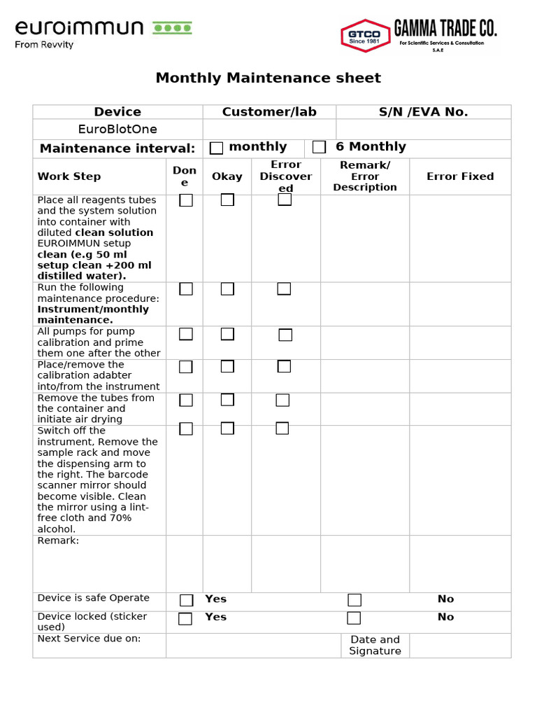 Monthly Maintenance Sheet | PDF