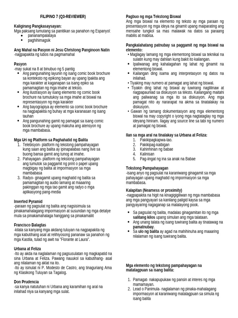 FILIPINO 7 Q3.Reviewer - Student | PDF