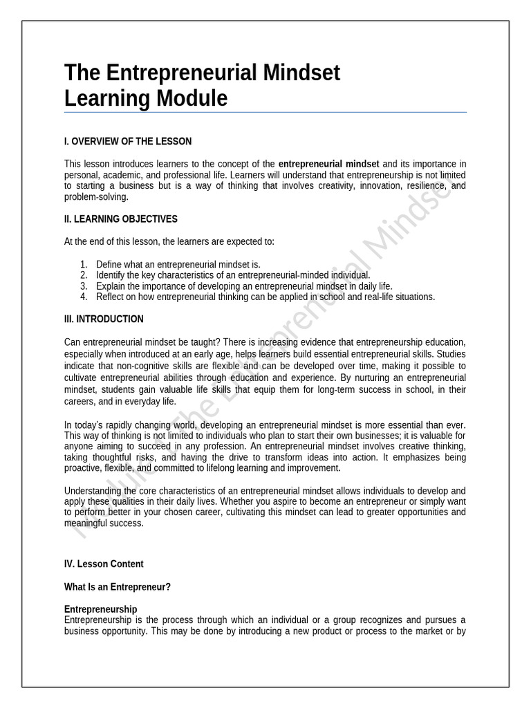 Module1_TheEntrepreneurialMind | PDF | Entrepreneurship | Mindset