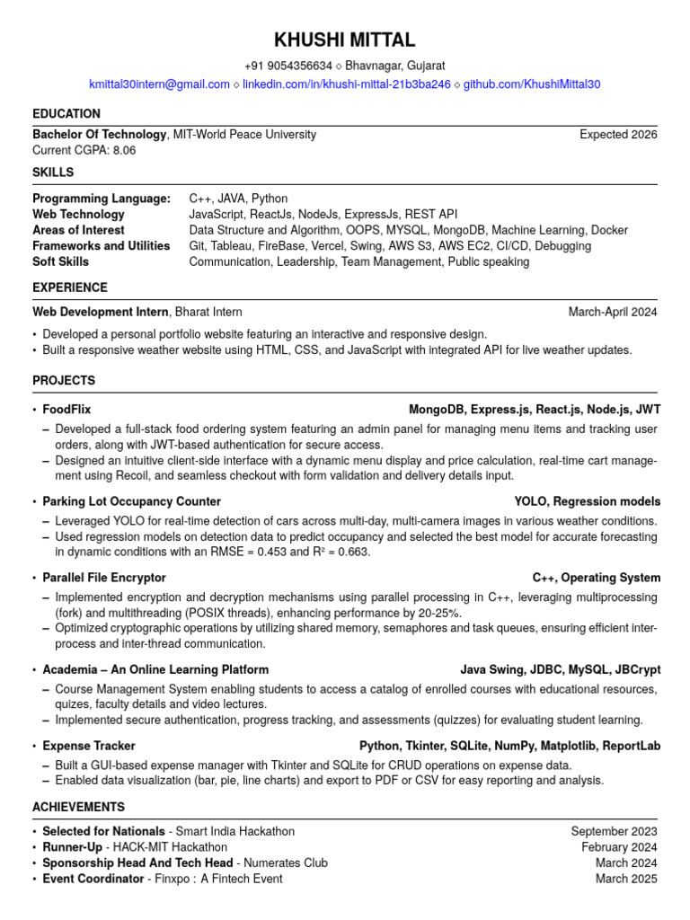 Khushi Mittal Resume | PDF | Computer Programming | Information Technology