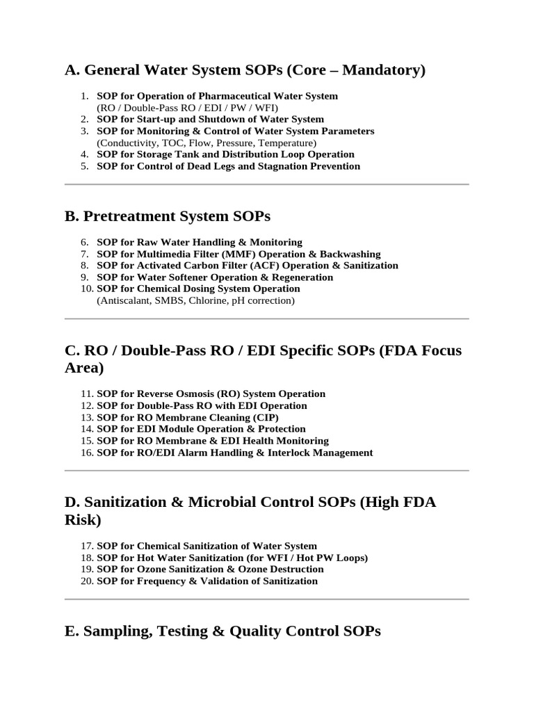 List of Sop for Water System | PDF | Membrane | Total Organic Carbon