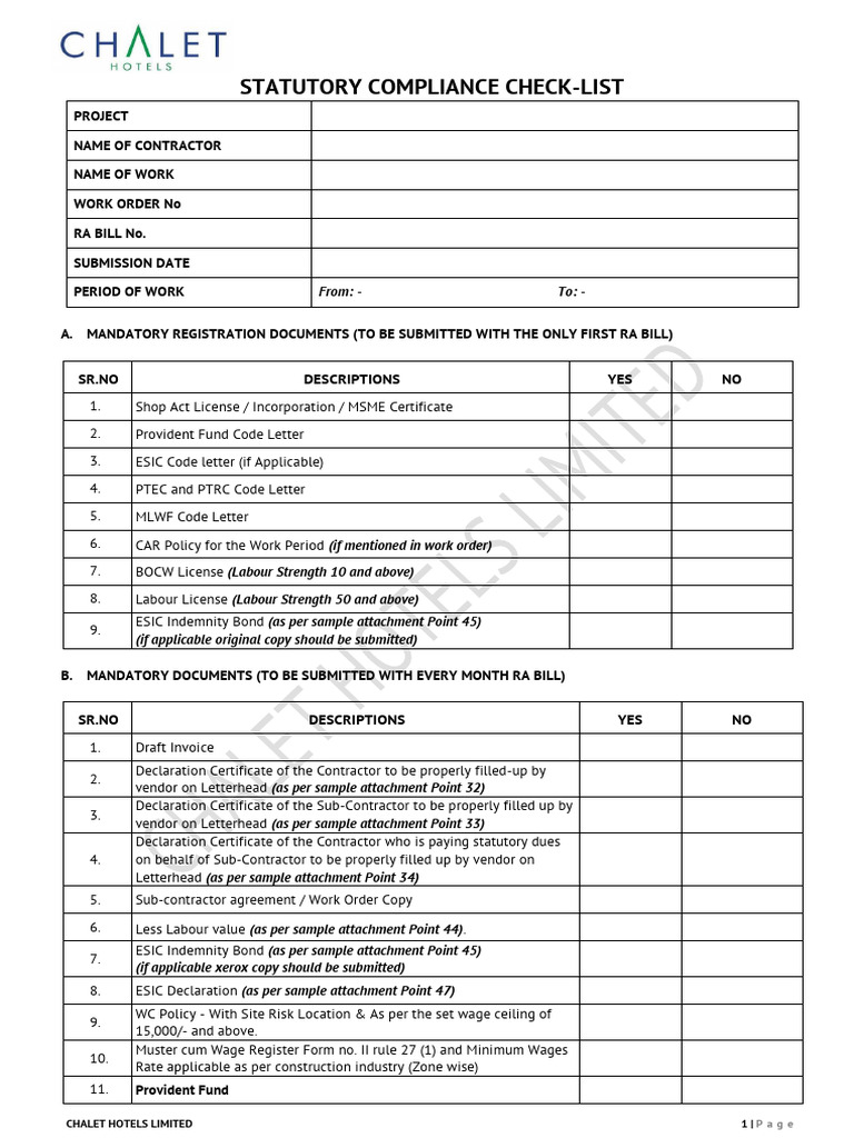 Statutory Compliance Check List_Updated | PDF | Employment | Salary