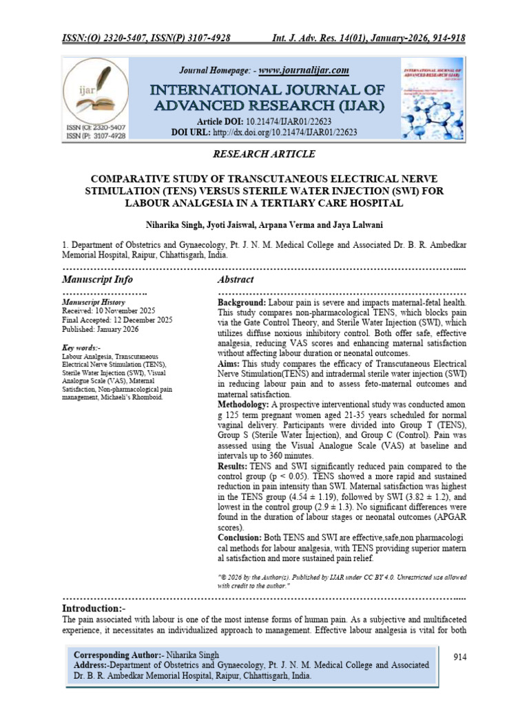 COMPARATIVE STUDY OF TRANSCUTANEOUS ELECTRICAL NERVE STIMULATION (TENS ...