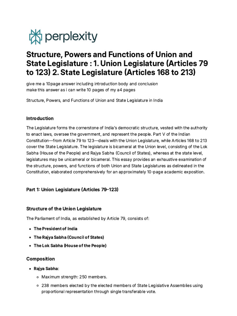 Structure, Powers and Functions of Union and State Legislature | PDF ...
