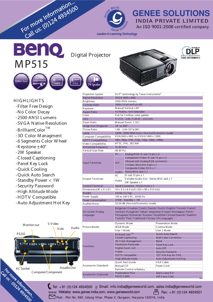 Benq MP515 DLP Projector | PDF | Display Resolution | Video