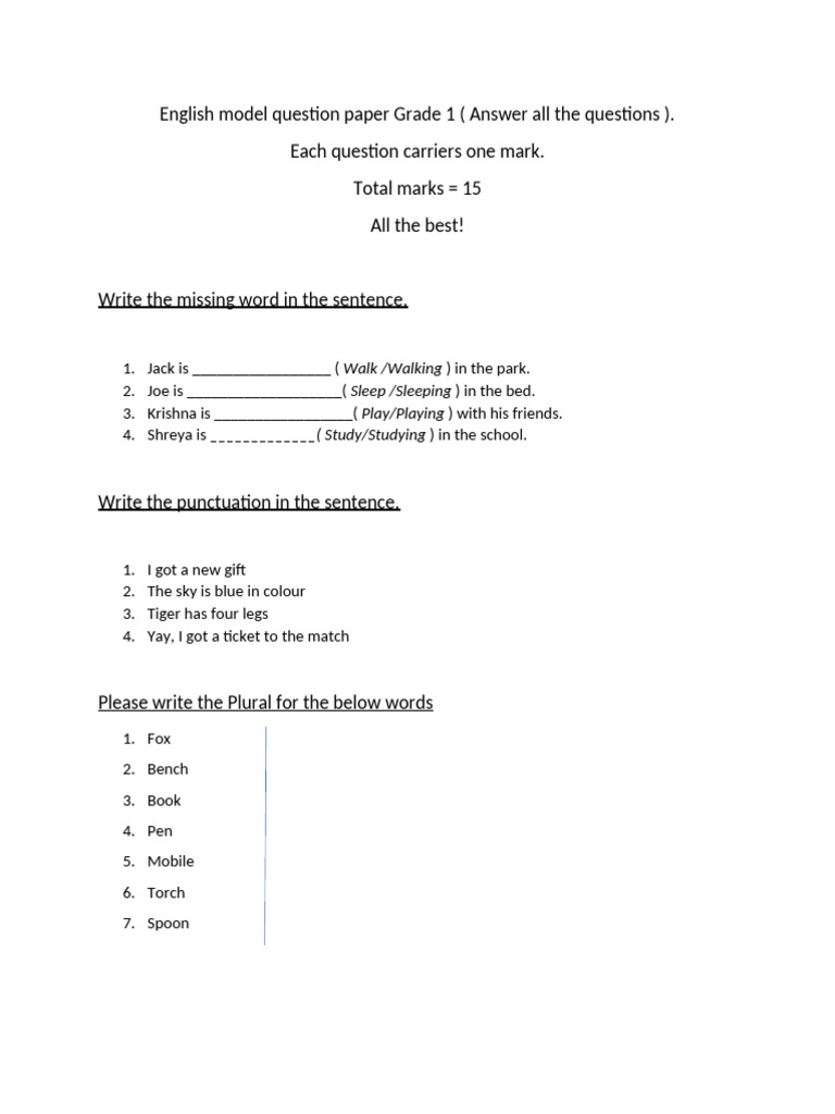 English Model Question Paper Grade 1 | PDF