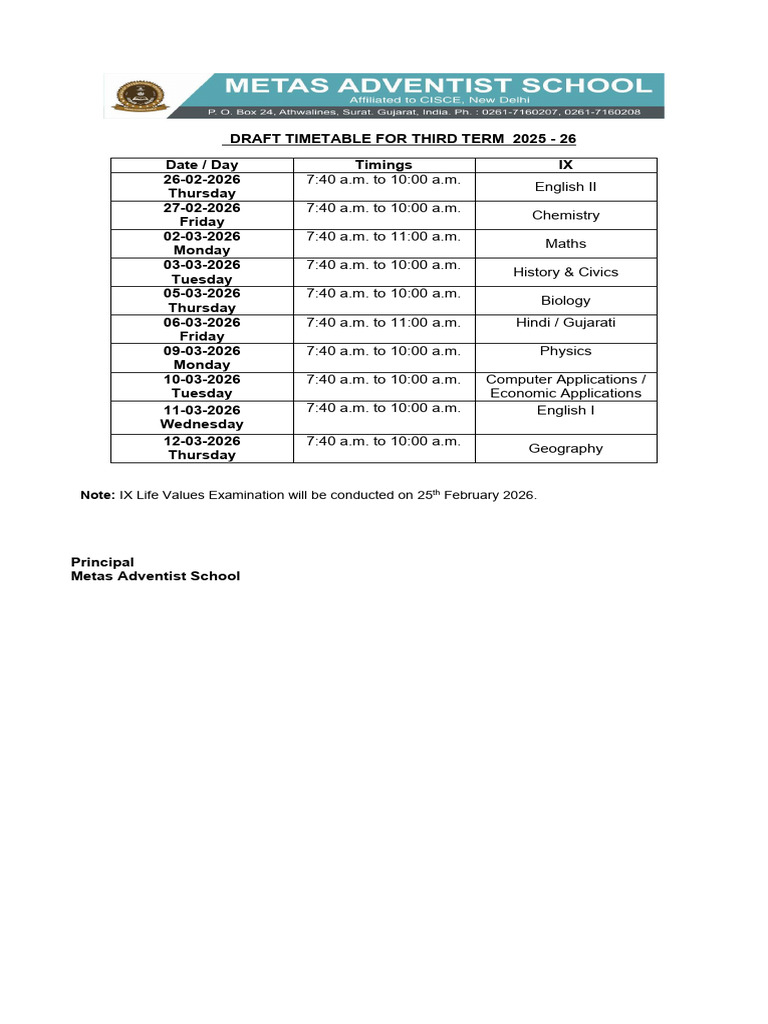 Final Examination Draft Timetable - Ix | PDF