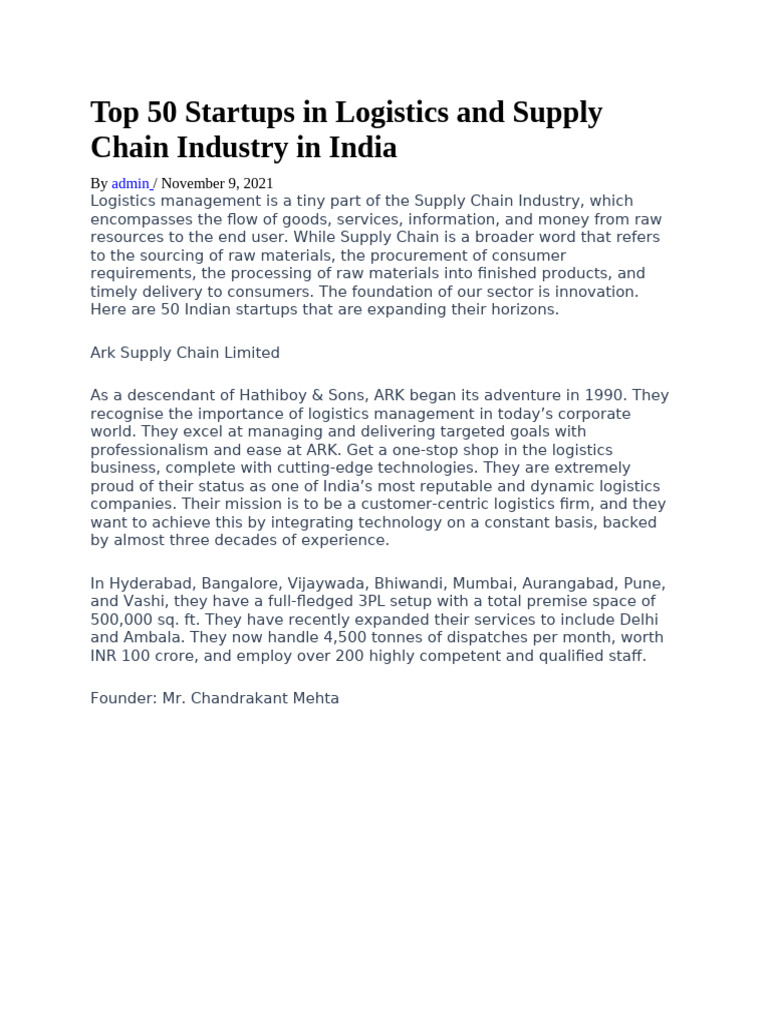 Top 50 Startups in Logistics and Supply Chain Industry in India | PDF ...