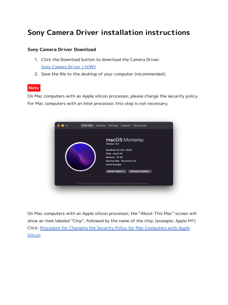 Sony Camera Driver Installation Instructions | PDF
