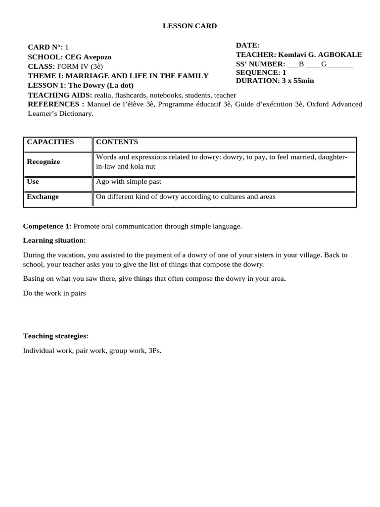 Lesson Cards Form Four | PDF | Wife | Marriage