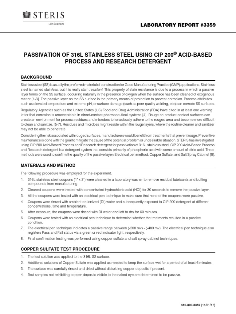 Passivation of 316l Stainless Steel Using Cip 200 Acid-based Process A ...