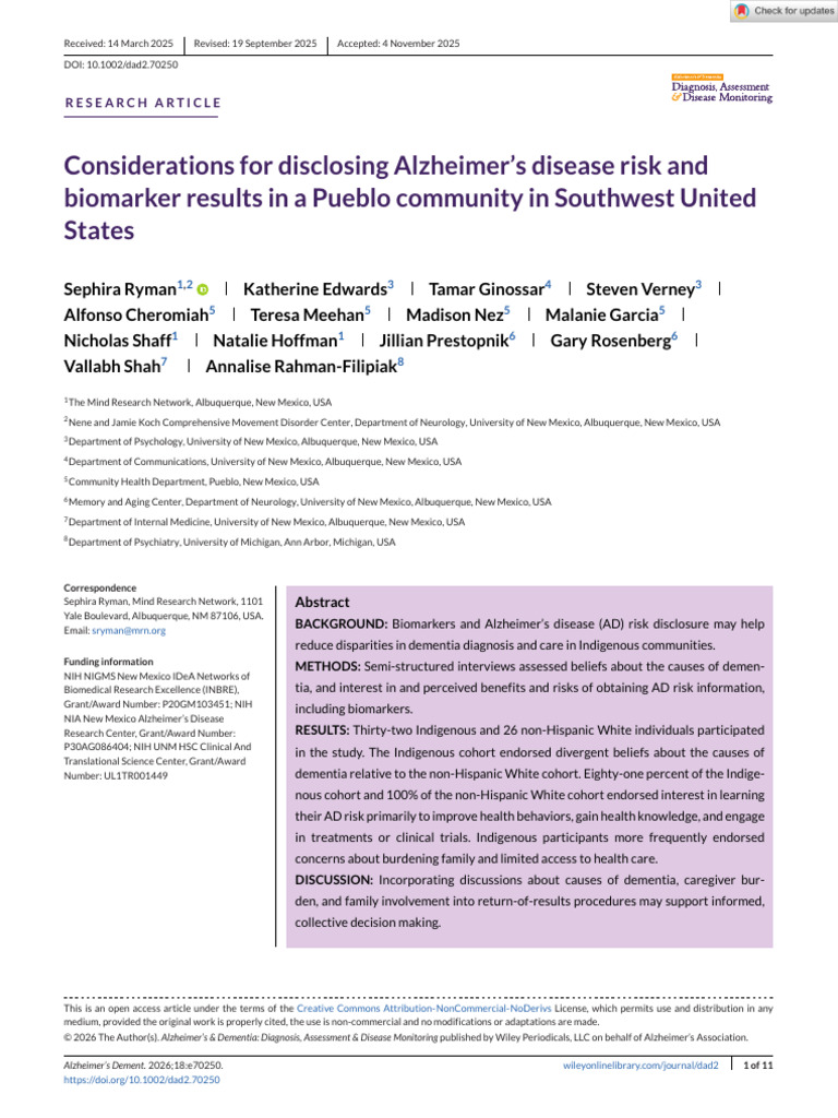 Alz Dem Diag Ass Dis Mo - 2026 - Ryman - Considerations for Disclosing ...