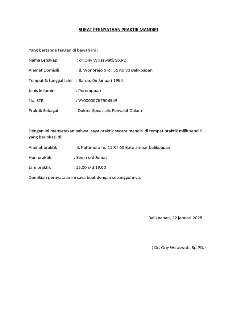 Surat Pernyataan Praktik Mandiri DR Ony | PDF