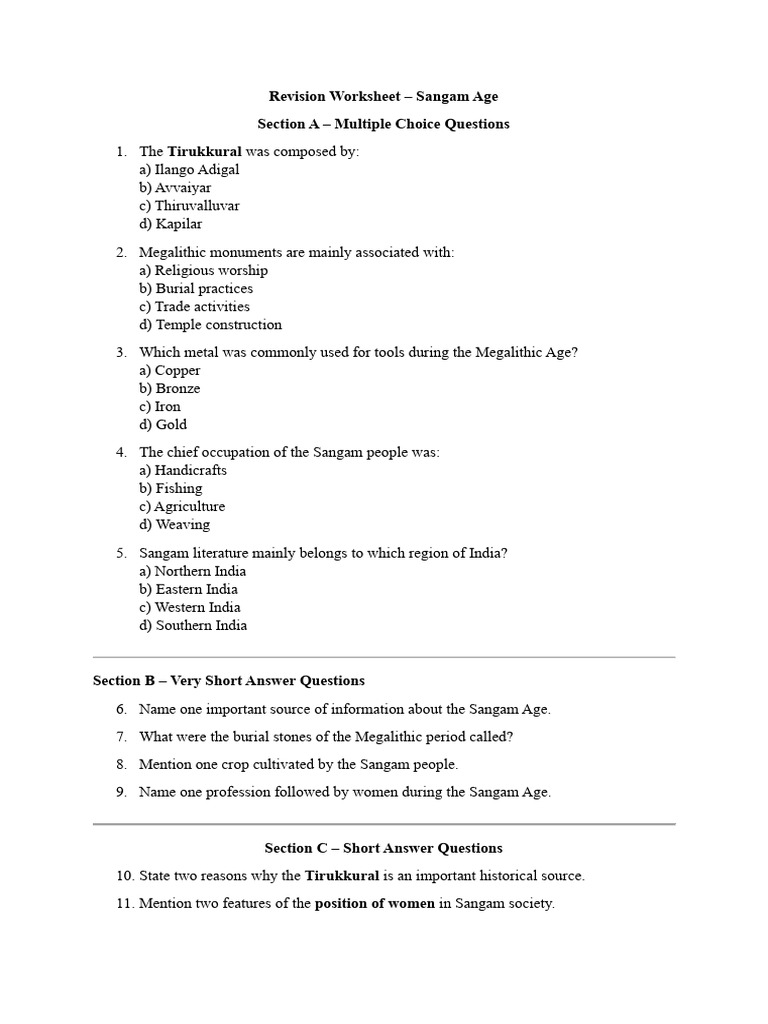 SA2 Revision WS Sangam Age | PDF