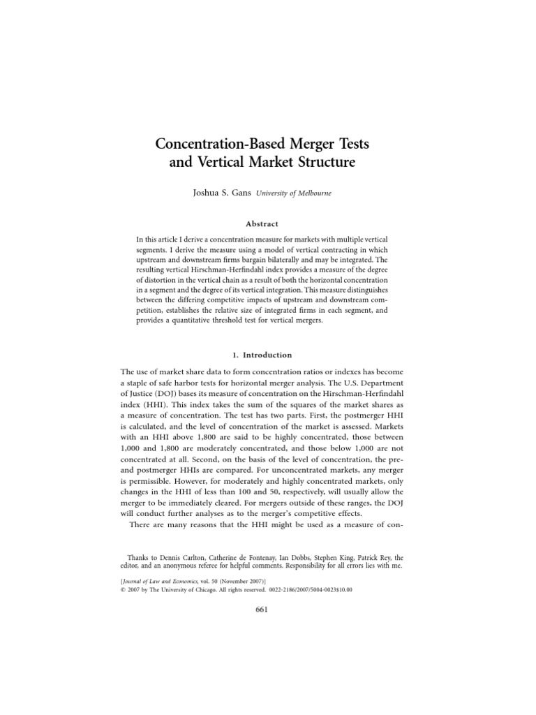 Concentration-Based Merger Tests and Vertical Market Structure | PDF ...