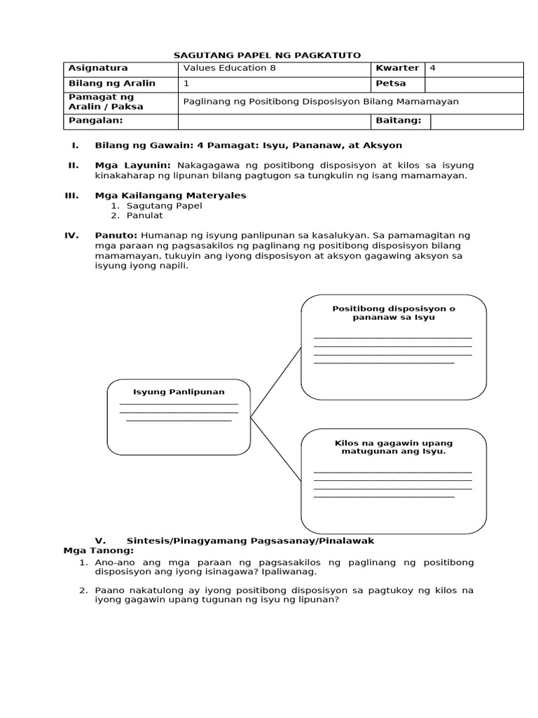 LAS Pagsasakilos NG Mga Paraan NG Paglinang NG Positibong Disposisyon | PDF