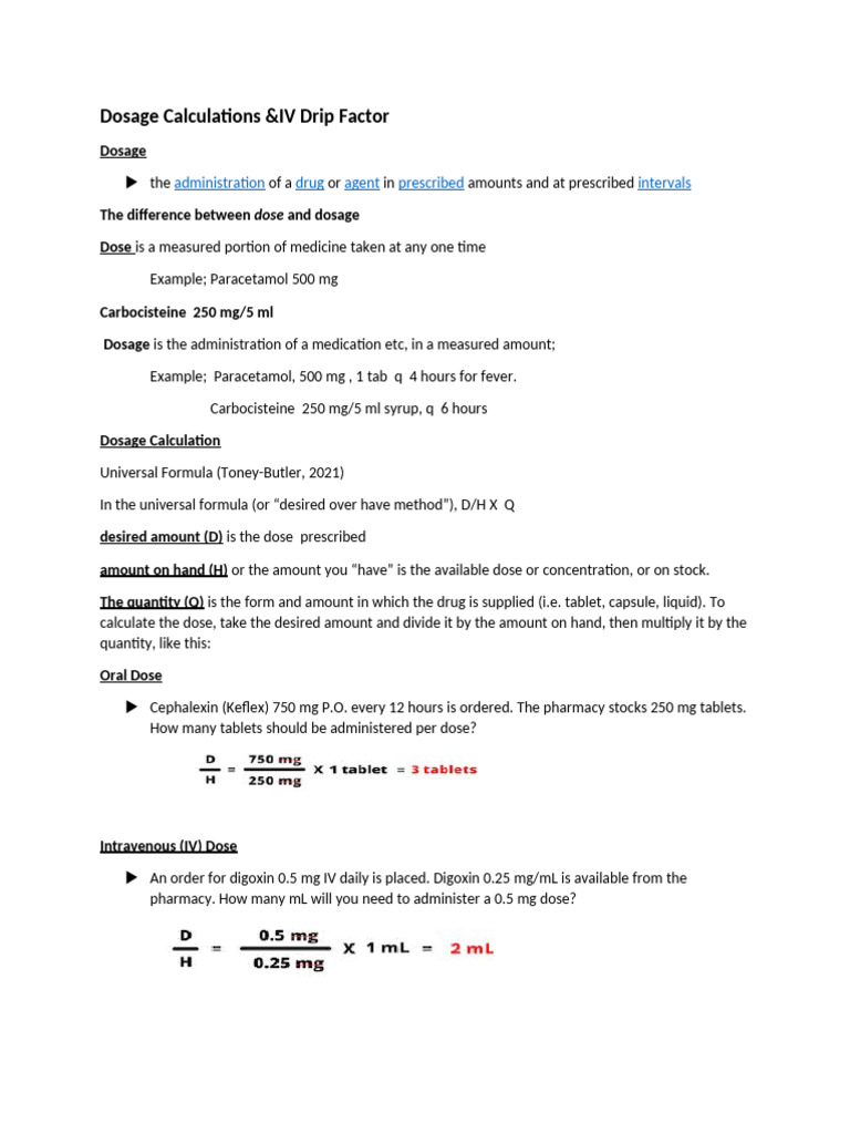Dosage Calculations IV Drip Factor | PDF | Dose (Biochemistry) | Chemistry
