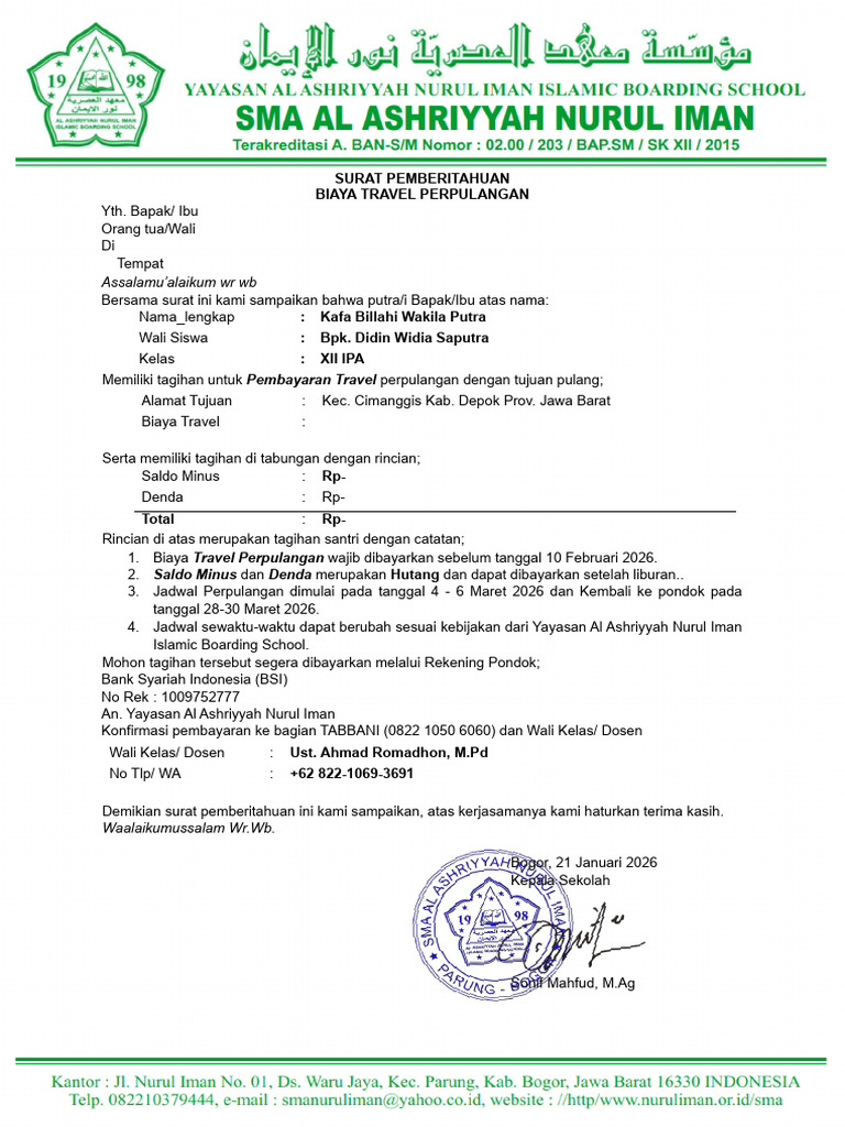 Surat Pemberitahuan Ongkos Travel-Kafa Billahi Wakila Putra | PDF
