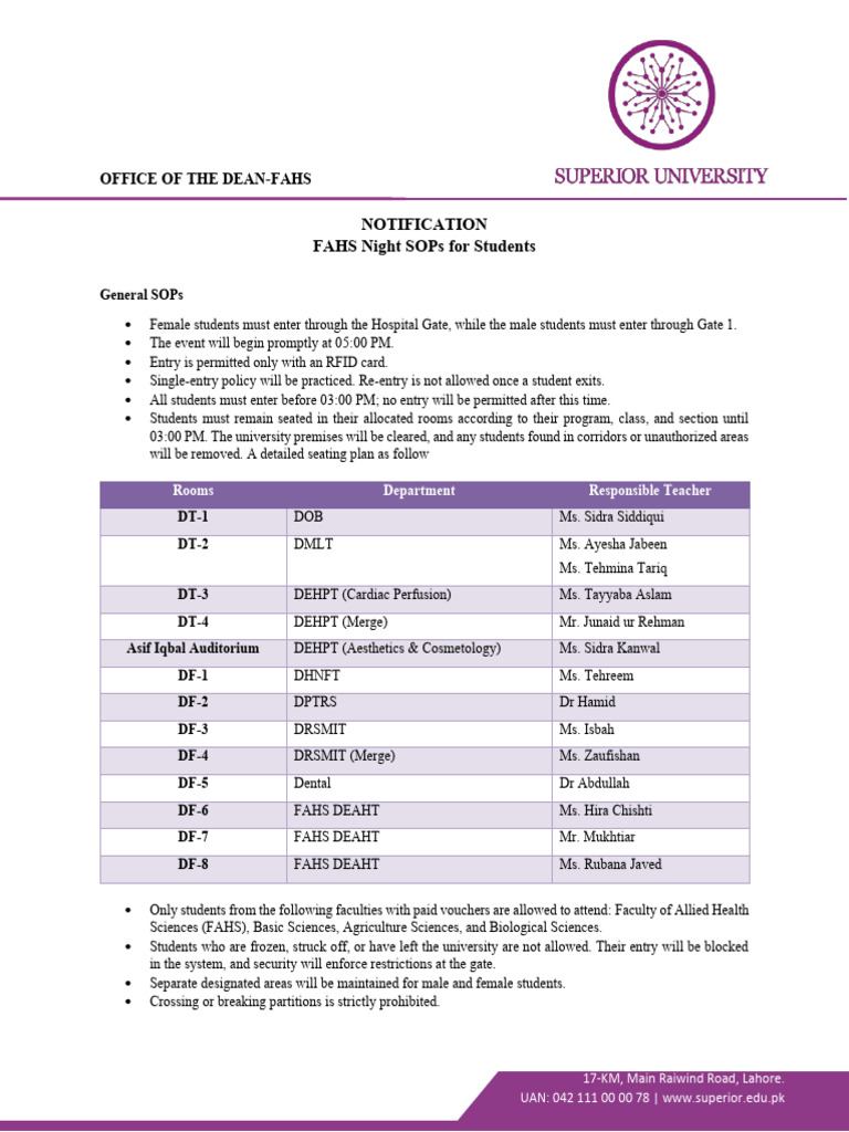FAHS Night SOPs For Students | PDF