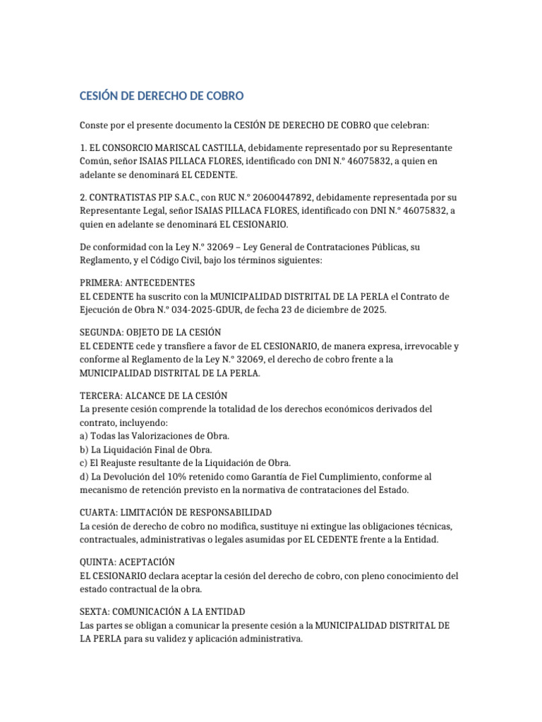 Cesion Derecho Cobro Reglamento 32069 | PDF