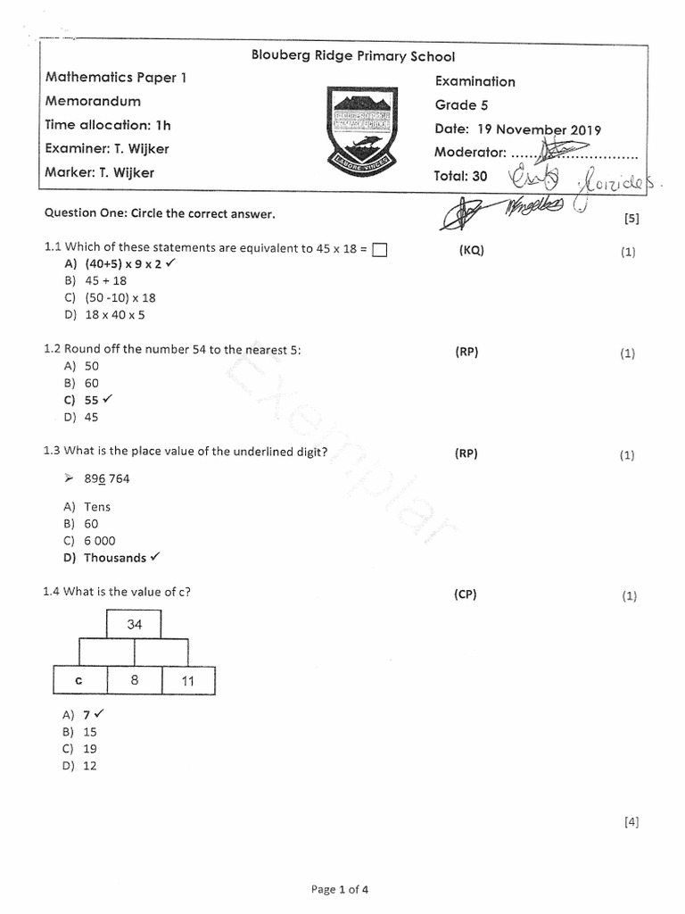 Grade 5 Mathematics Paper 1 November 2019 Marking Guideline | PDF