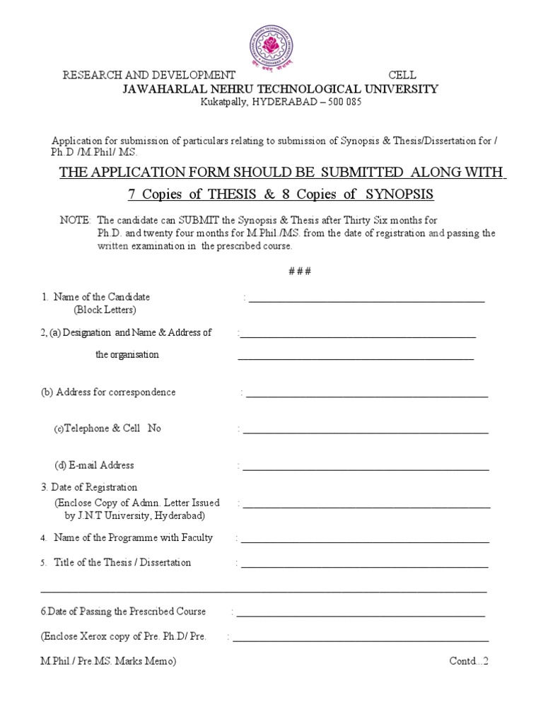 Application For Submission of Synopsis & Thesis | PDF | Career & Growth ...